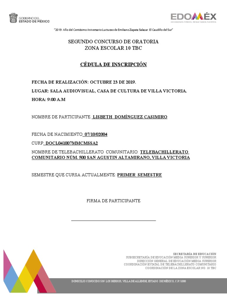 Cedula de Inscripción Oratoria 19 Lisbeth | PDF