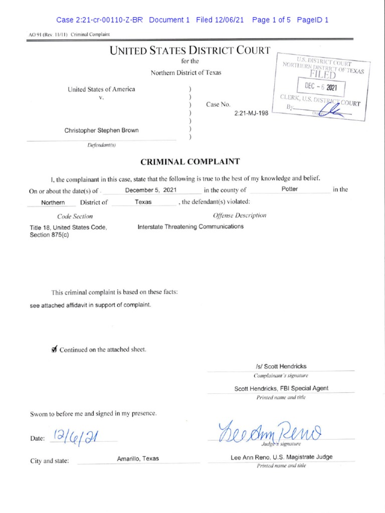 Christopher Stephen Brown Criminal Complaint | PDF | Law