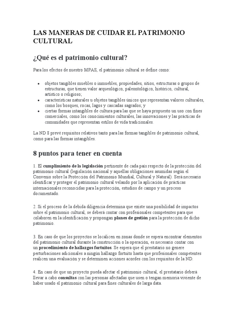 Las Maneras de Cuidar El Patrimonio Cultural Samir Aylas | PDF | Patrimonio cultural | Bienes (Ley)