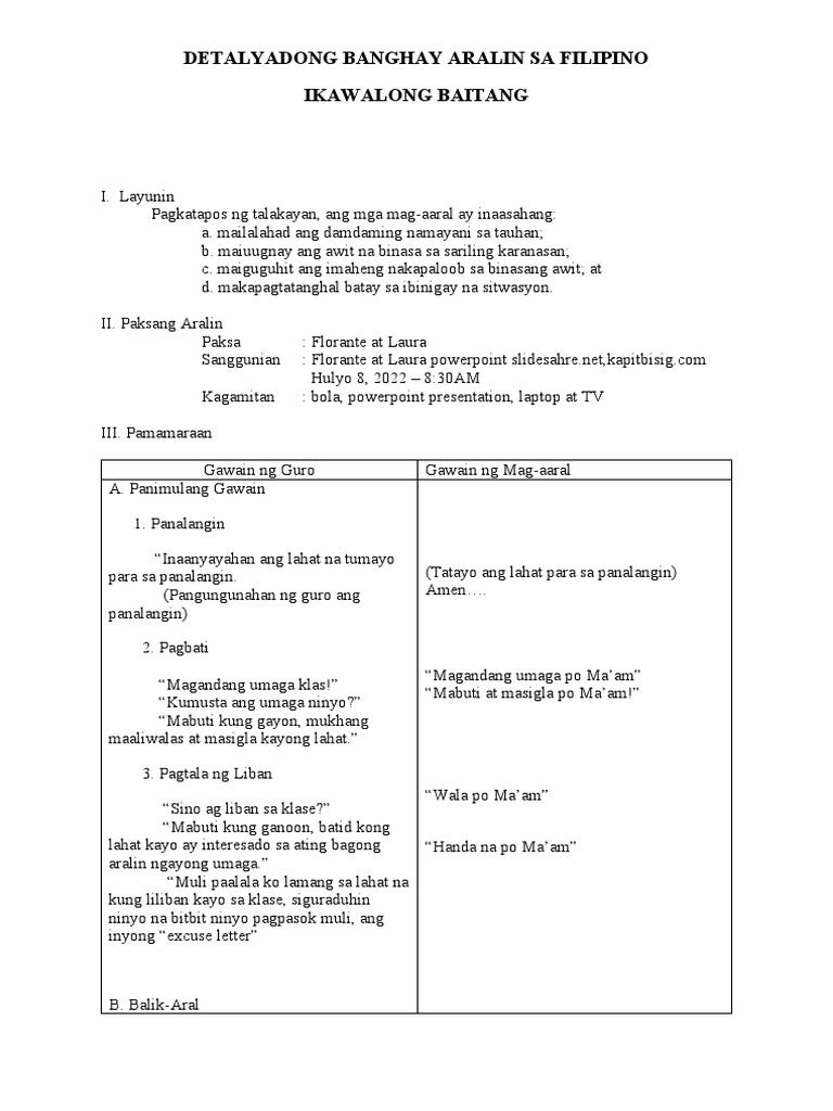 Detalyadong Banghay Aralin Sa Filipino | PDF