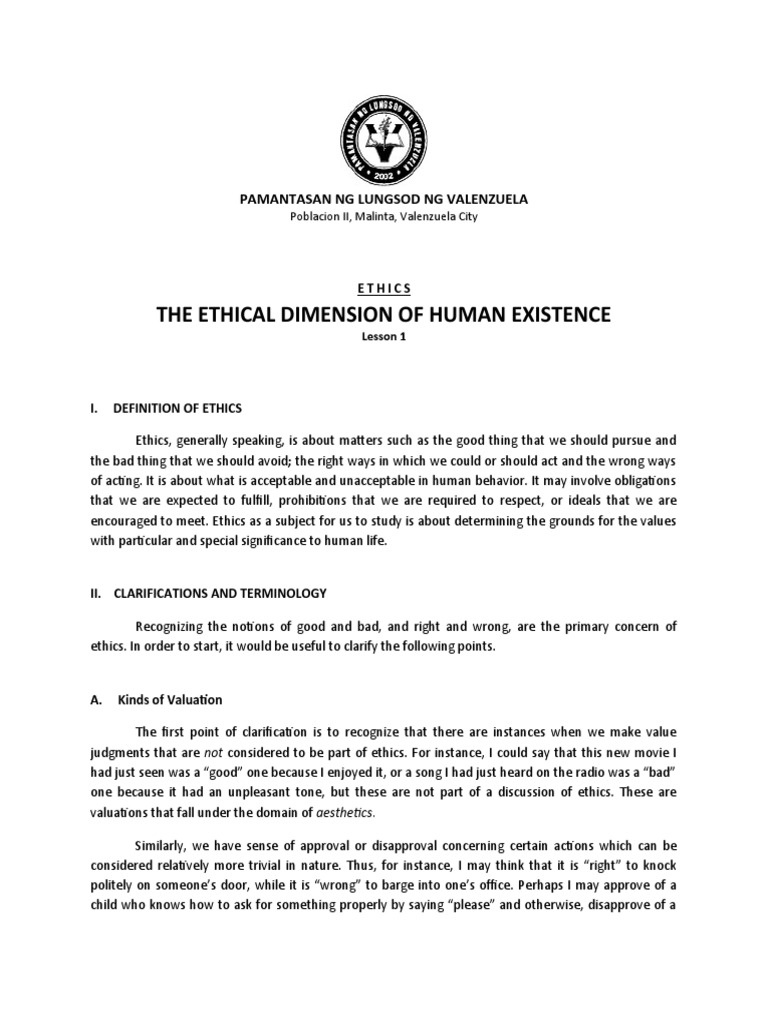 Ethical Dimensions of Human Existence | PDF | Morality | Reason