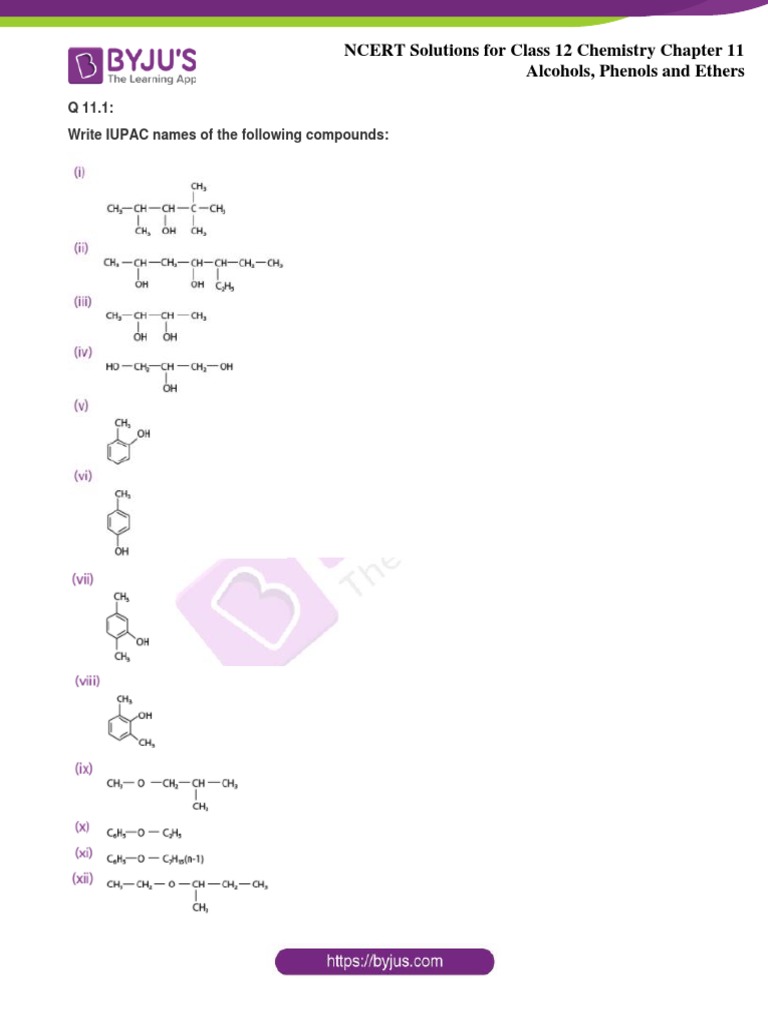 NCERT Solutions For Class 12 Chemistry Chapter 11 Alcohols Phenols and Ethers | PDF | Ether ...