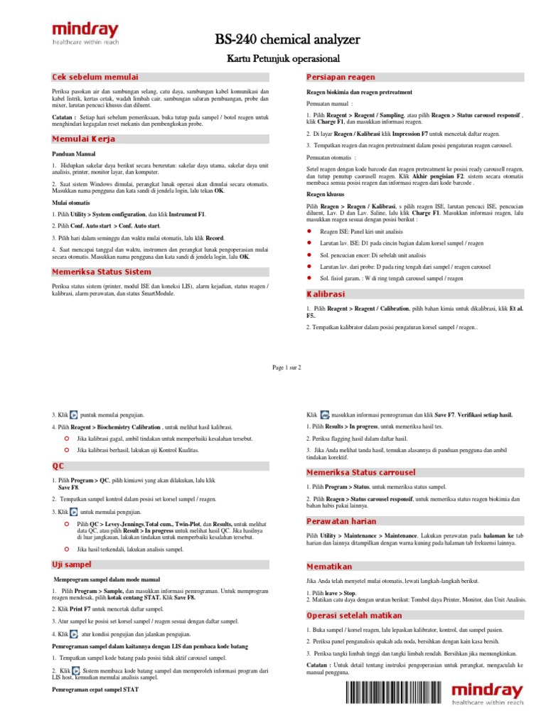 BS-240 Chemical Analyzer: Kartu Petunjuk Operasional | PDF