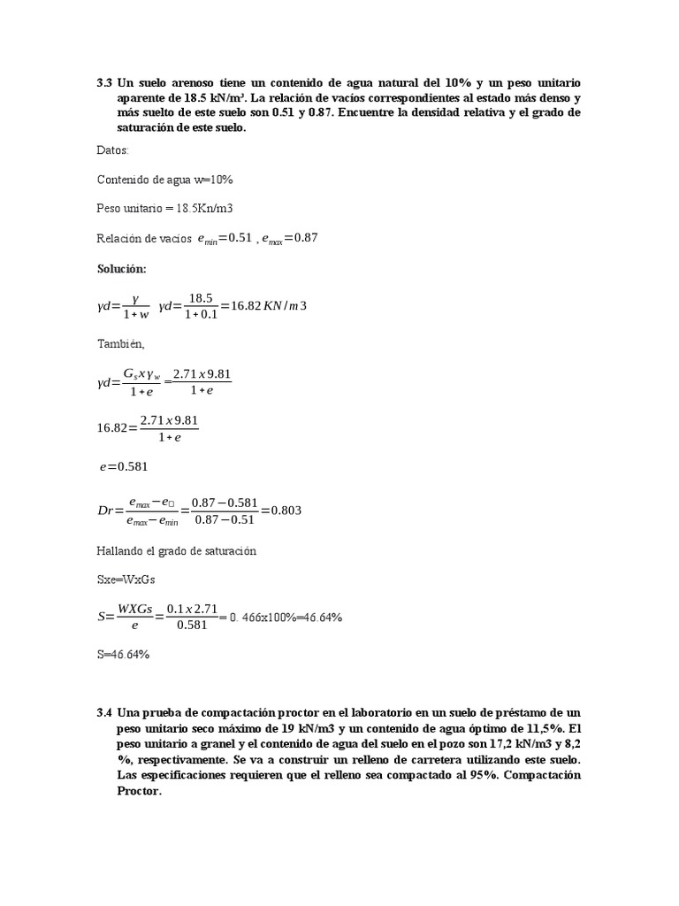 Datos: Contenido de Agua W 10% Peso Unitario 18.5Kn/m3 Relación de Vacíos | PDF | Ciencia ...