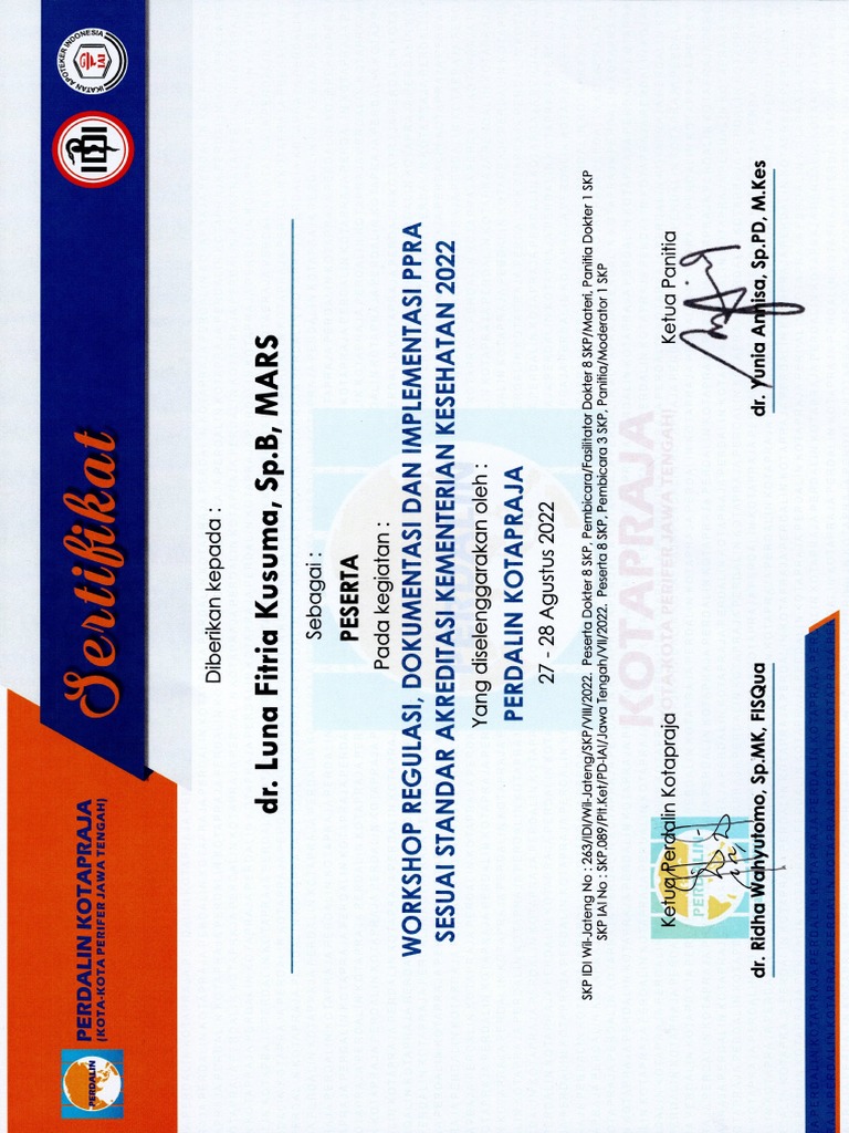 Sertifikat Workshop Perdalin Kotapraja | PDF
