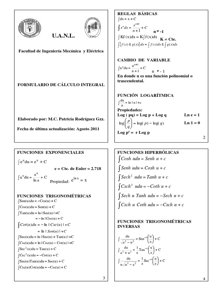 Formulario Calculo Integral | PDF | Entero | Análisis matemático