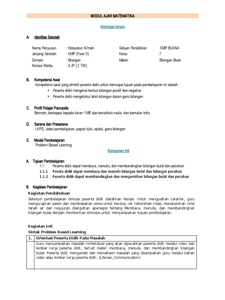 Modul Ajar Bilangan Bulat Kelas 7 | PDF