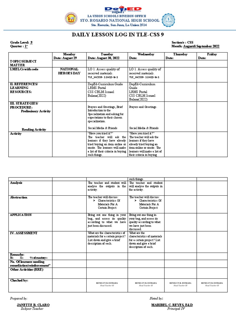 Daily Lesson Log in Tle-Css 9: Sto. Rosario National High School | Download Free PDF | Teaching ...