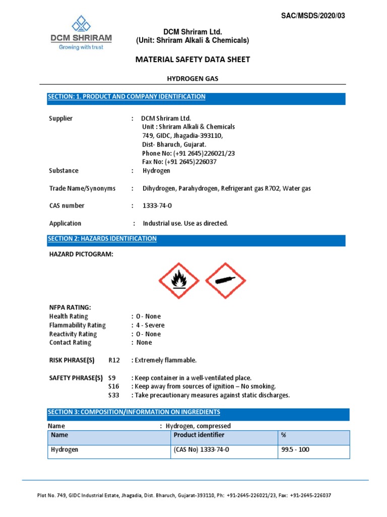 MSDS Hydrogen Gas | PDF | Firefighting | Fires