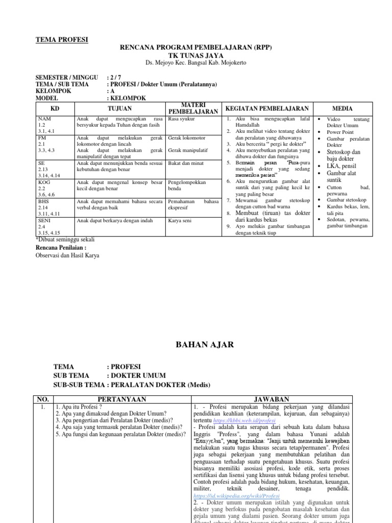Tema Profesi Rencana Program Pembelajaran (RPP) TK Tunas Jaya | PDF