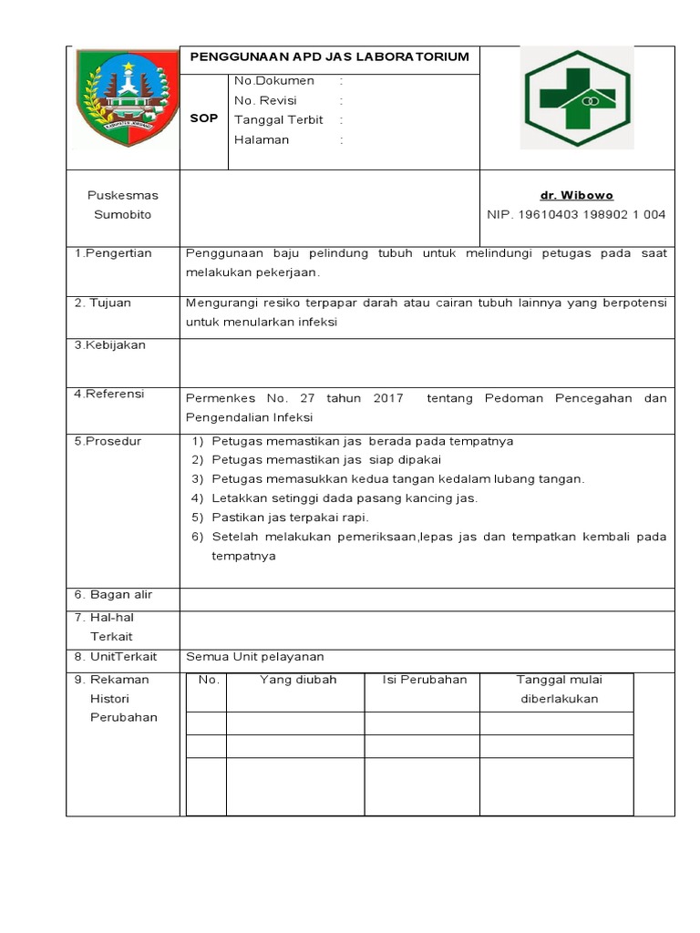 Sop Penggunaaan Apd Jas Lab | PDF