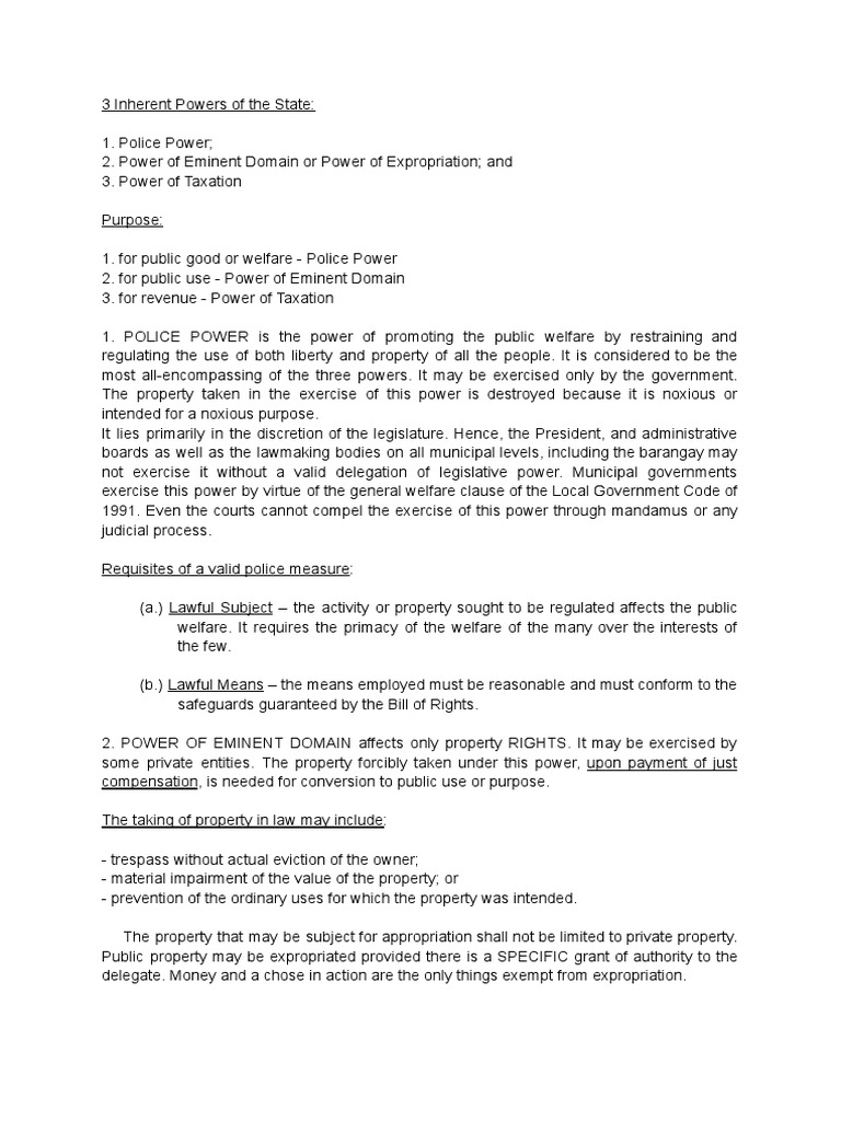 Inherent Powers of the State Explained | PDF | Eminent Domain | Property