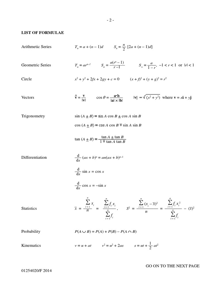CXC CSEC Additional Mathematics Formulas Sheet | PDF | Geometric Measurement | Classical Mechanics