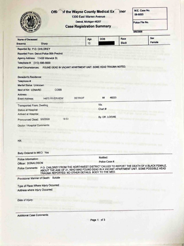 Breanna Sharp Medical Examiner Investigator Report | PDF