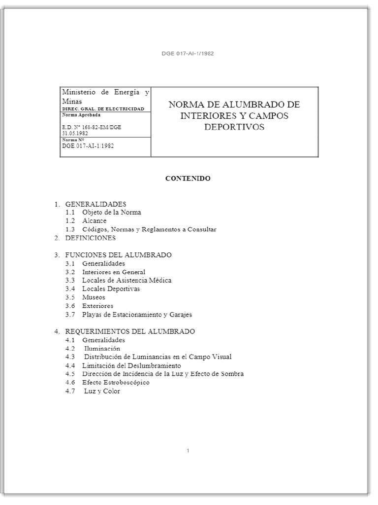 DGE 017-AI-1 - 1982. DIREC. GRAL. DE ELECTRICIDAD Norma Aprobada. Norma N CONTENIDO L U Z y C o ...