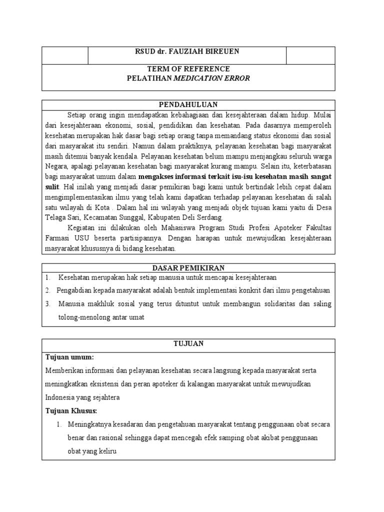 Tor Pelatihan Medication Error | PDF