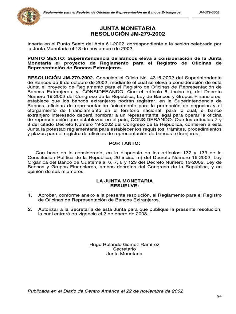Resolución JM-279-2002 | PDF | Bancos | Regulación