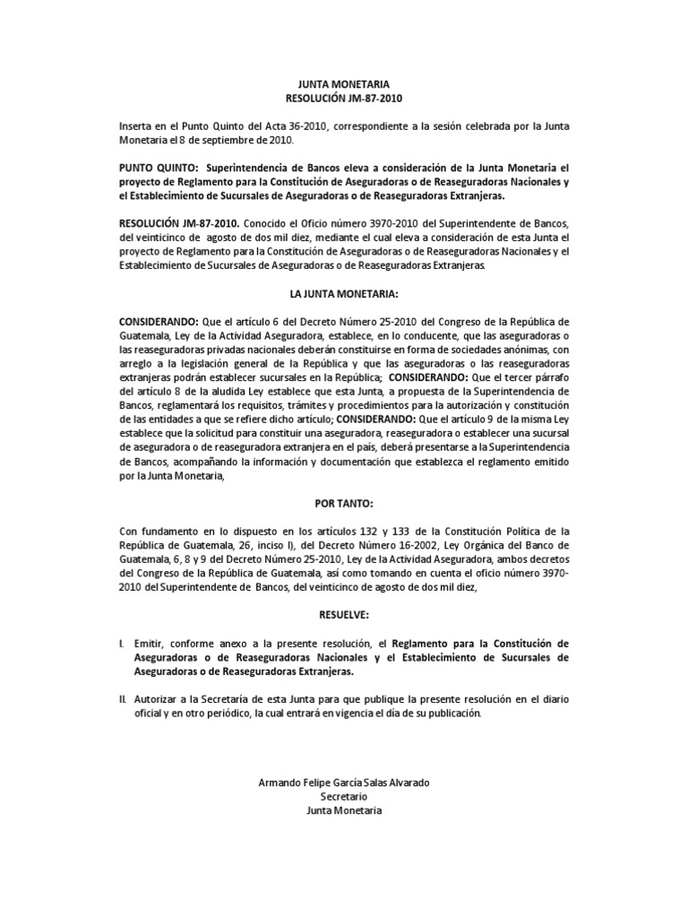 Resolución JM-87-2010 Reglamento de Aseguradoras y Reaseguradoras | PDF | Reaseguro | Seguro