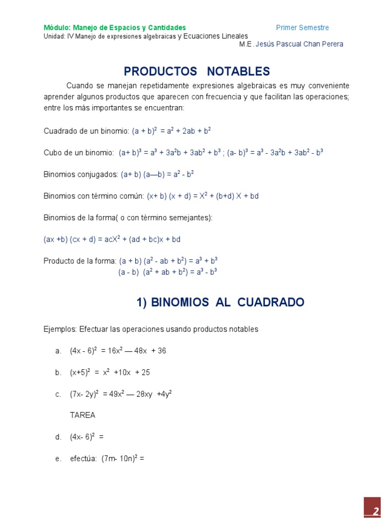 Productos Notables en Álgebra | PDF | Fórmula | Matemáticas