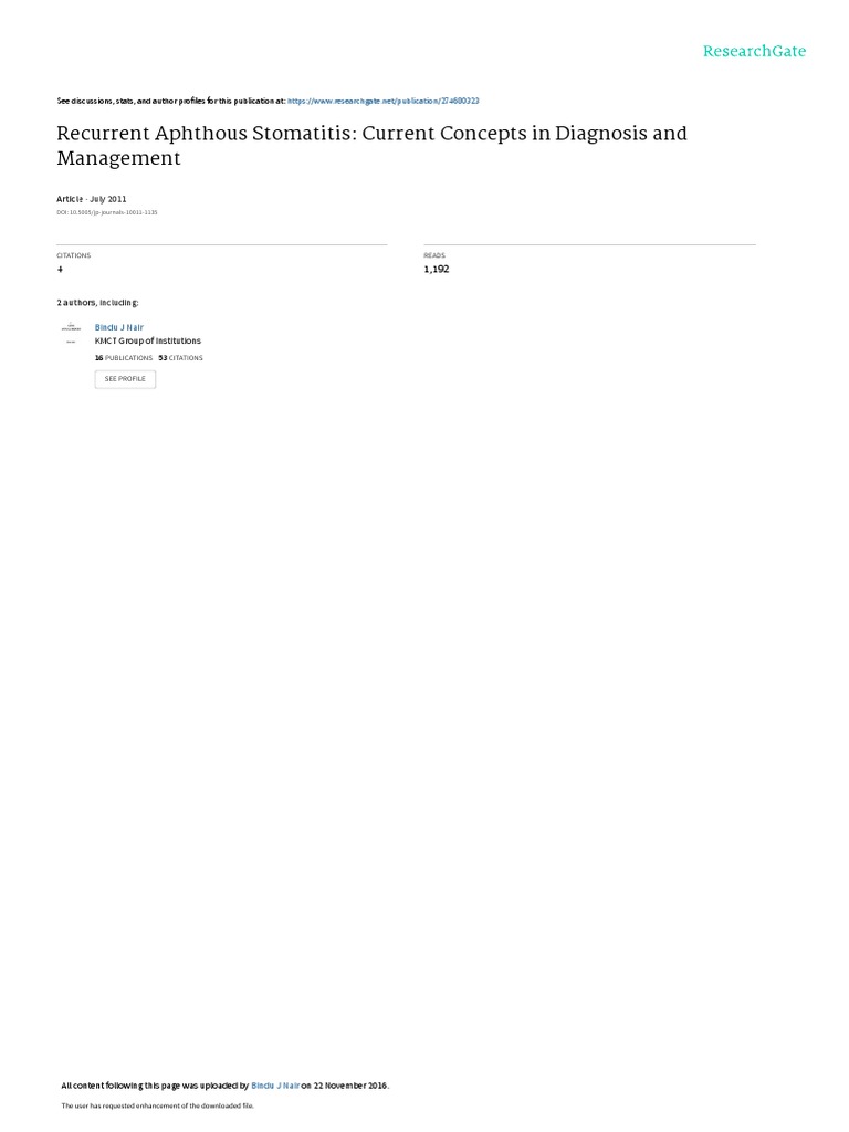 Recurrent Aphthous Stomatitis Current Concepts in | PDF | Health Sciences | Causes Of Death