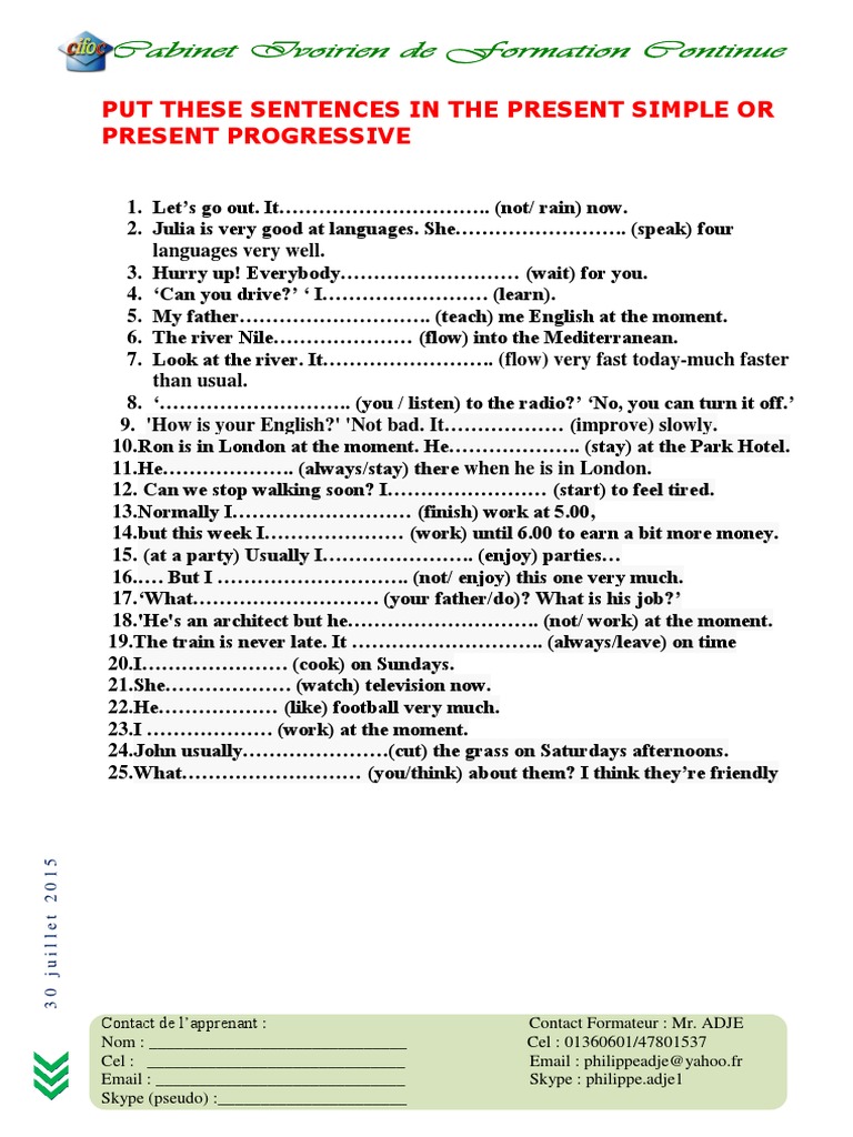 Present Simple vs. Present Progressive Exercises | PDF | Foreign ...
