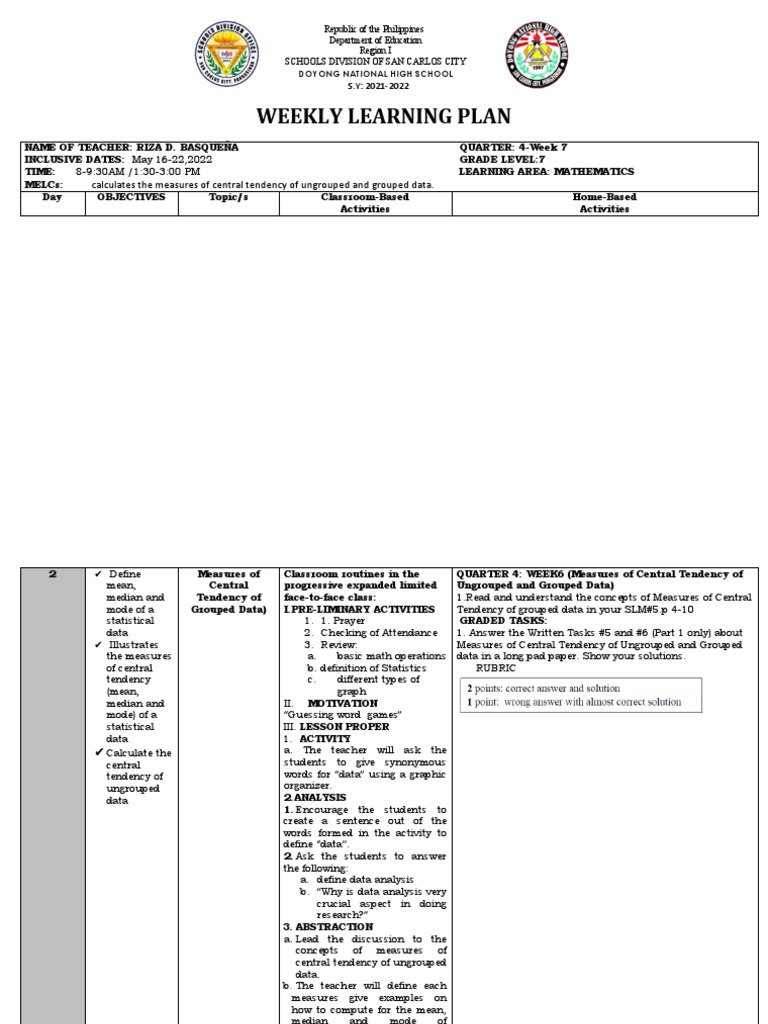 Weekly Learning Plan: Calculates The Measures of Central Tendency of ...