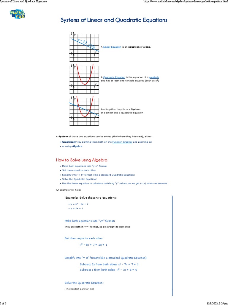 Systems of Linear and Quadratic Equations | PDF | Quadratic Equation ...