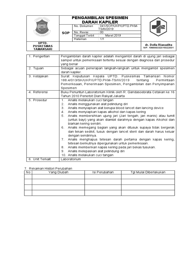 8.1.2.1 Sop Pengambilan Sampel Darah Kapiler | PDF | Pengembangan Diri | Sains & Matematika