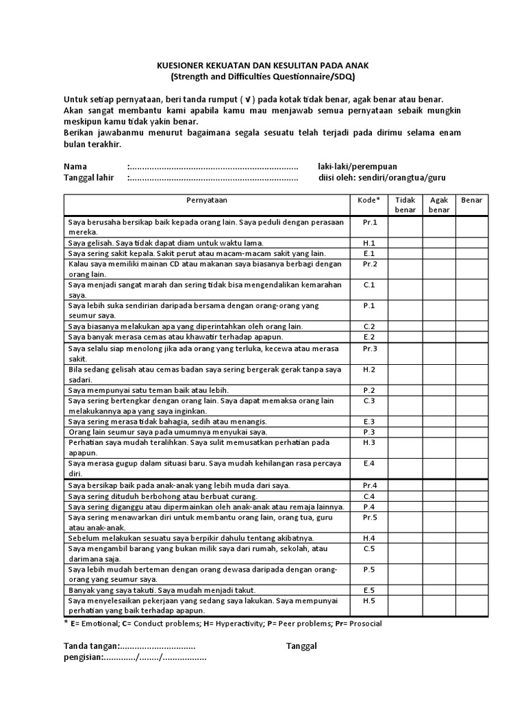 KUESIONER SDQ - Indo - Vers | PDF