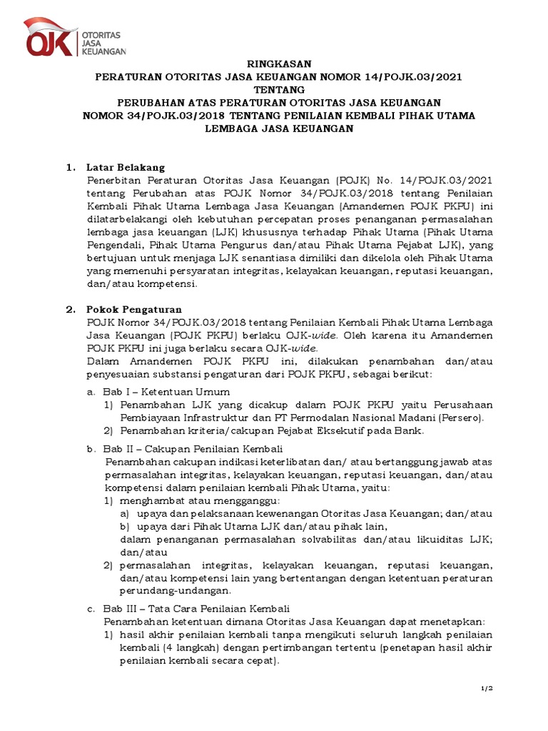 Amandemen POJK PKPU 2021 tentang Penilaian Kembali | PDF | Bisnis ...