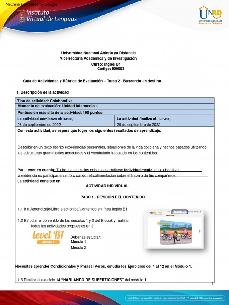 Activities Guide and Evaluation Rubric - Unit 1 - Task 2 - Looking For A Destination | PDF ...