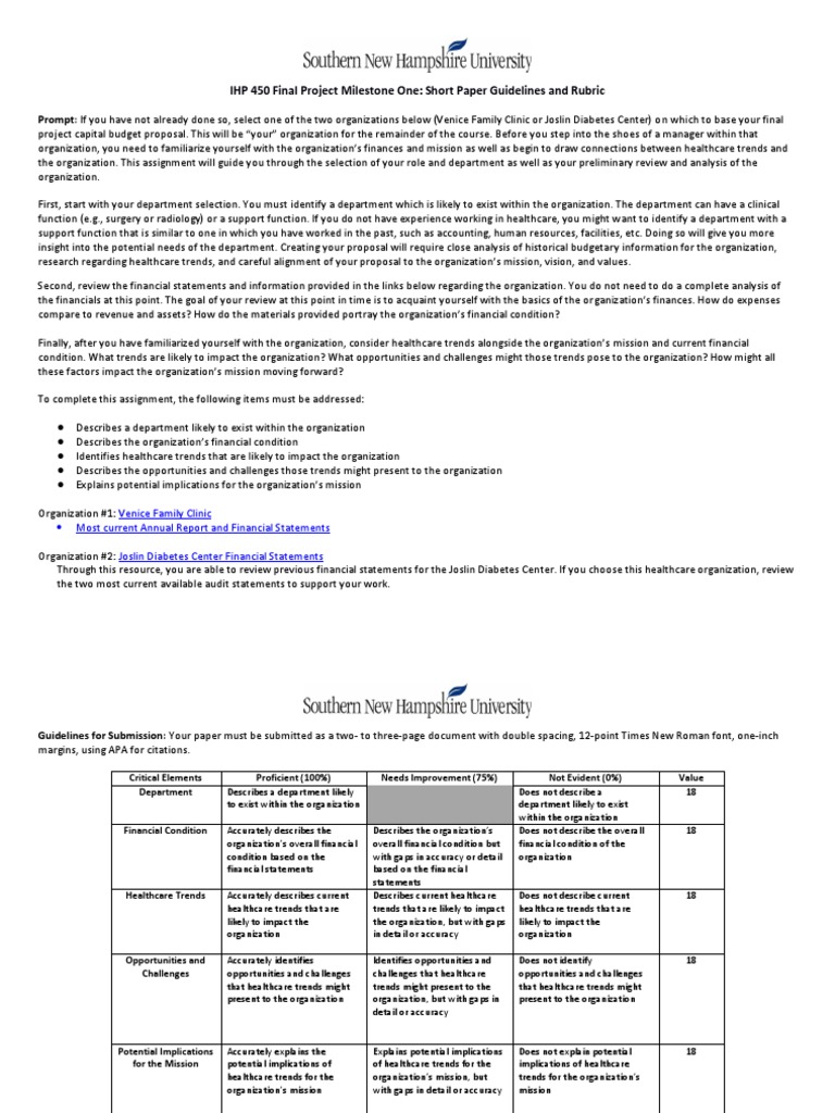 IHP 450 Milestone One Guidelines and Rubric | PDF | Financial Statement ...