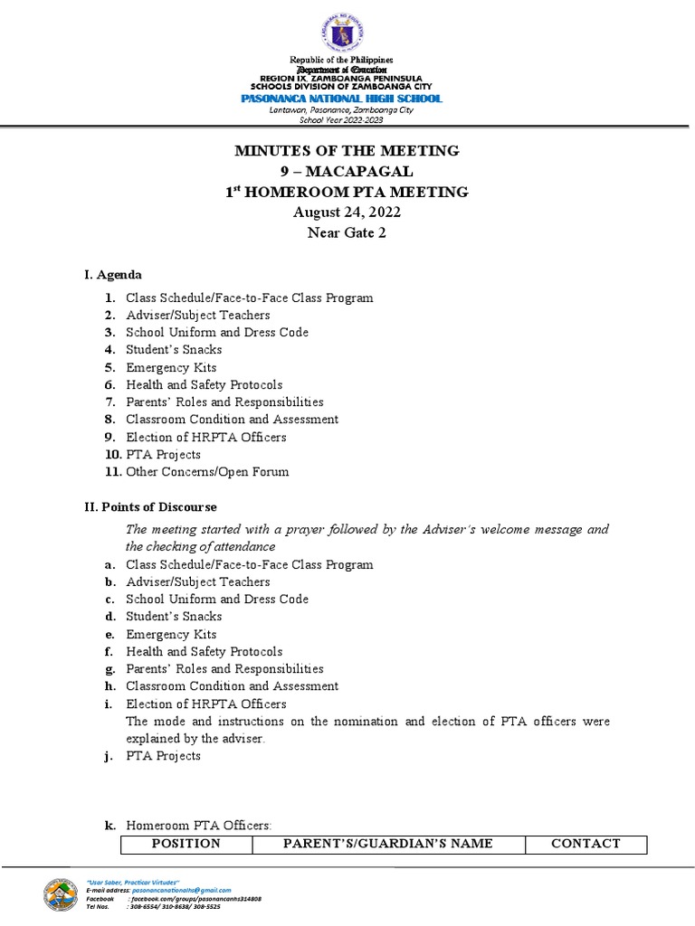 Minutes Format 1st Hrpta Meeting Sy 2022 2023 Pdf Learning 