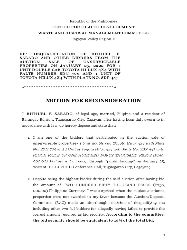 Motion For Reconsideration BID | PDF | Auction | Government