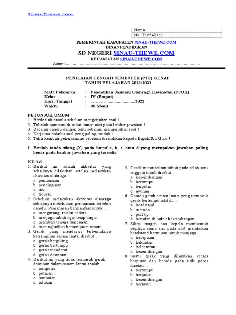 Soal PTS Kelas 4 Semester 2 PJOK Tahun 2022 | PDF