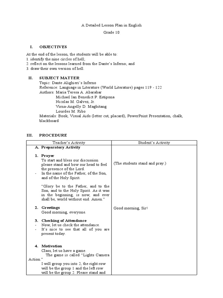 A Detailed Lesson Plan in English 10 Final Demo | PDF | Divine Comedy ...