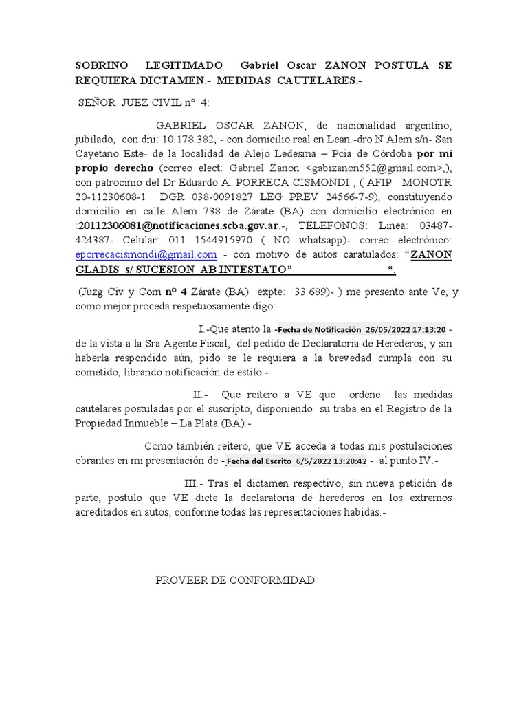 Gabriel Oscar ZANON POSTULA SE REQUIERA DICTAMEN | PDF