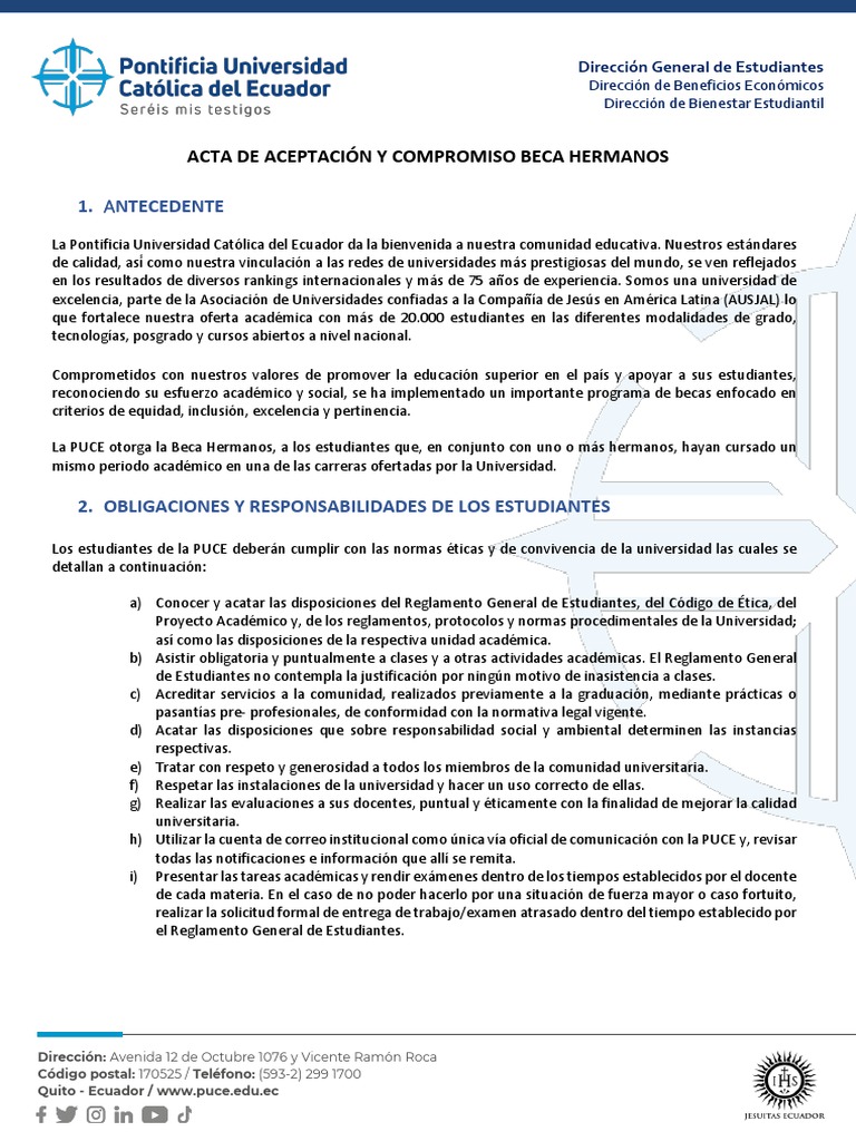 Acta de Aceptación y Compromiso de Beca Hermanos | PDF | Universidad | Ecuador