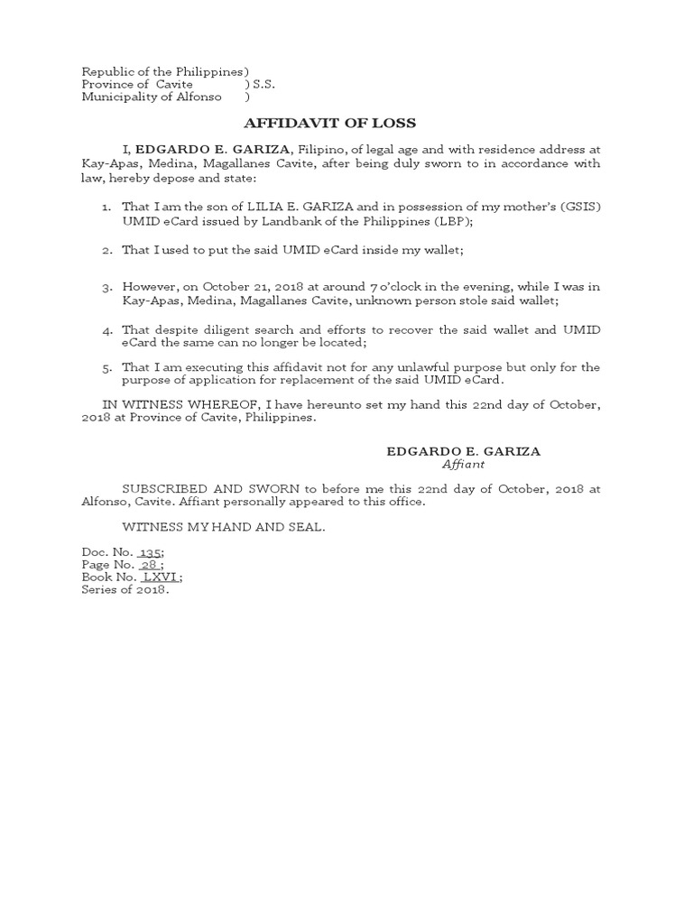Affidavit of Loss Stolen Wallet Mother's ATM Card | PDF