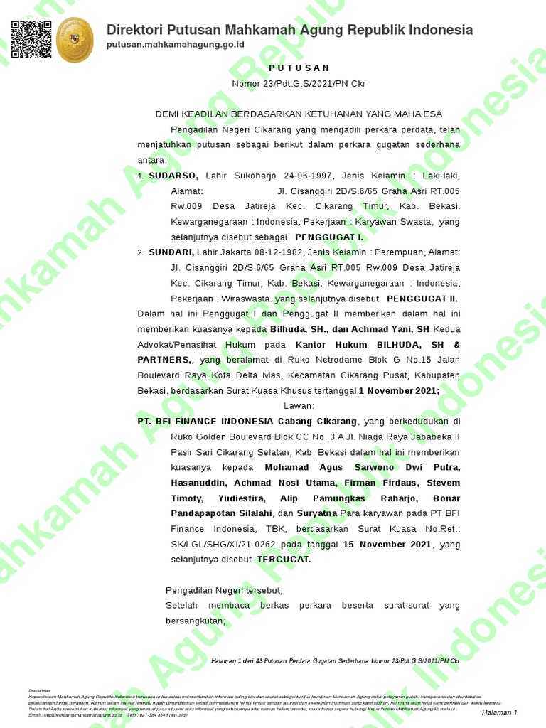 Putusan Perdata Gugatan Sederhana | PDF