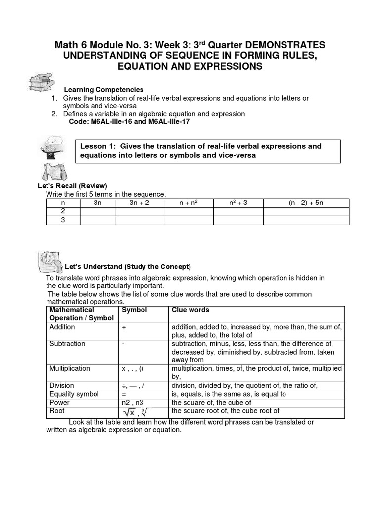 Math6 Q3 Module3 Week3 | PDF | Variable (Mathematics) | Equations