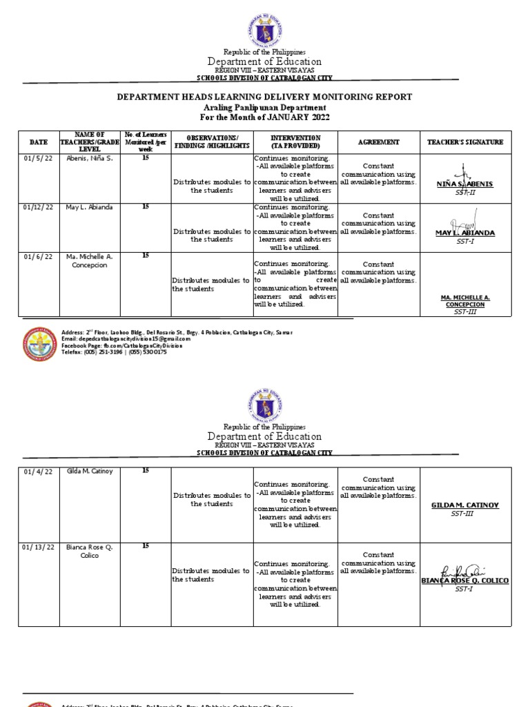 January Dept Heads Learning Delivery Monitoring Template | PDF