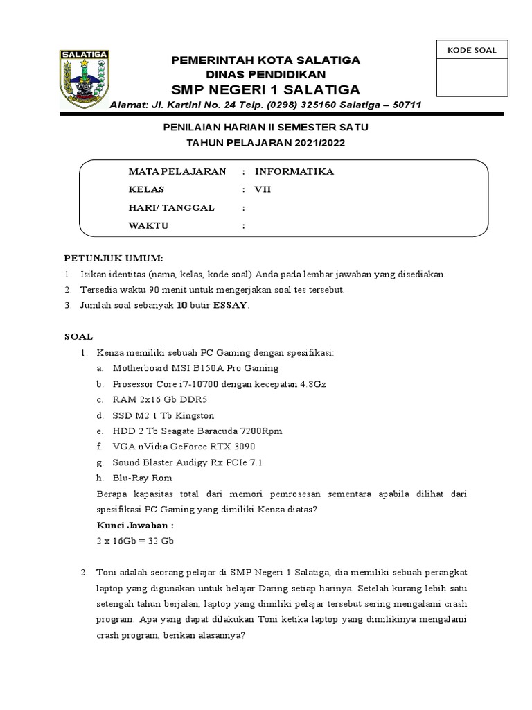 Rev 1 Soal PH2 Informatika Kelas VII - Jawaban | PDF