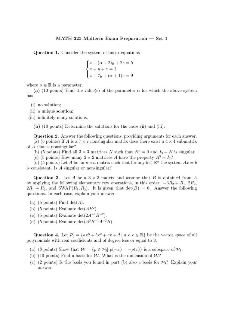 MATH225 Midterm Preparation Set1 | PDF | Matrix (Mathematics) | Basis ...