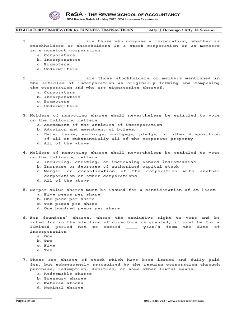 RFBT B41 Final Pre-Board Exams (Questions & Answers) | PDF | Corporations | Negotiable Instrument