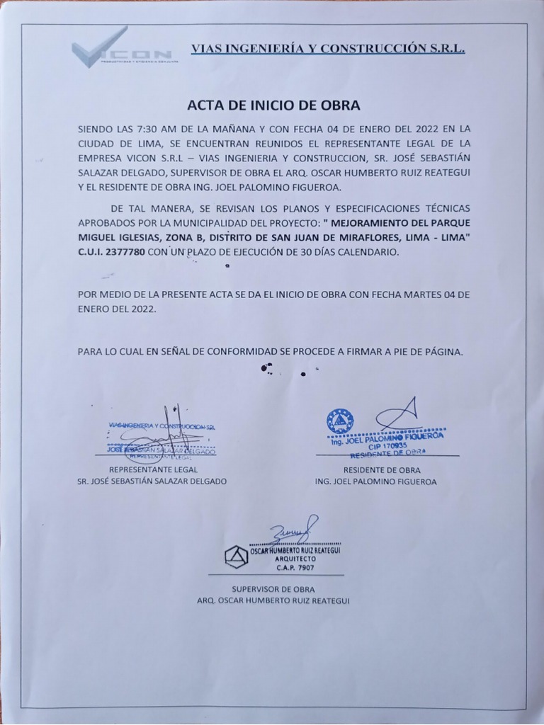 Acta de Inicio de Obra | PDF