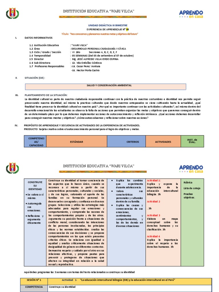 EXPERIENCIA DE APRENDIZAJE #08 DPCC - 2DO III BIMESTRE DPCC | PDF | Evaluación | Aprendizaje