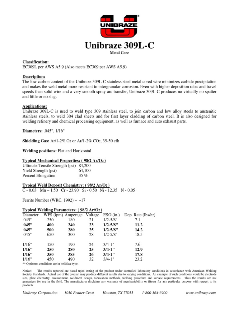 Unibraze 309L-C Metal Cored Wire | PDF | Technology & Engineering