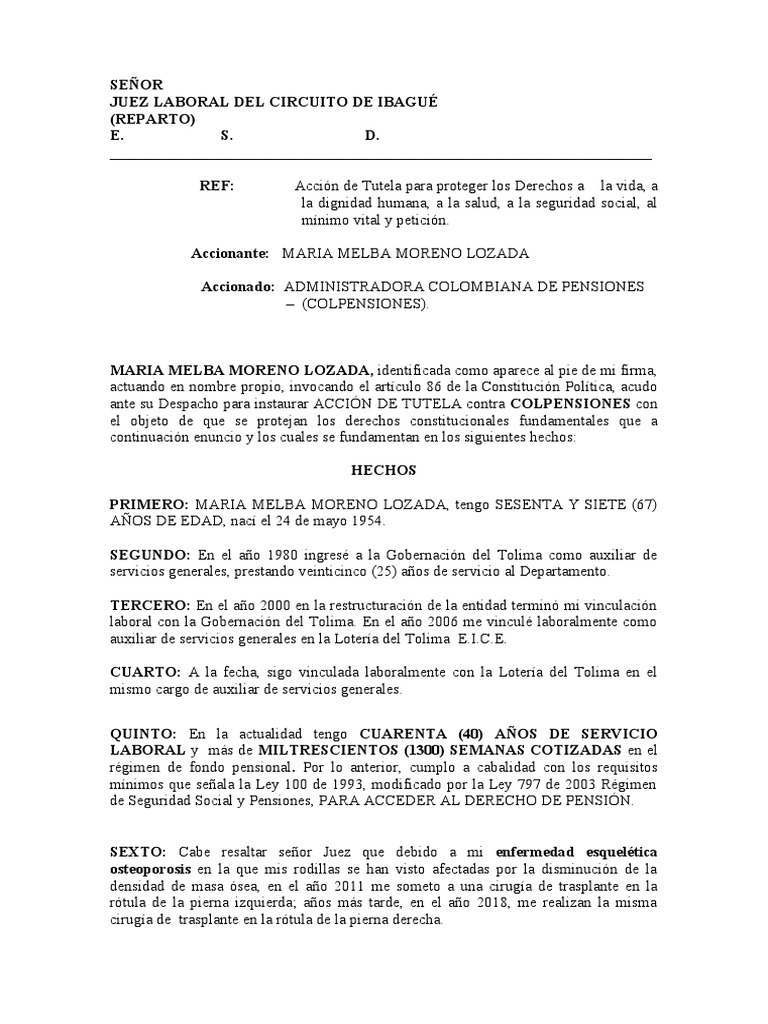 Tutela COLPENSIONES - Maria Melba Moreno | PDF | Derecho Constitucional ...