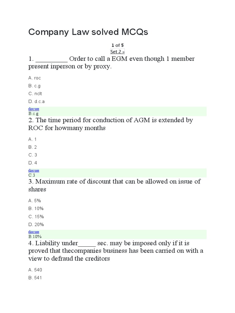 Company Law Solved MCQs | PDF | Articles Of Association | Companies